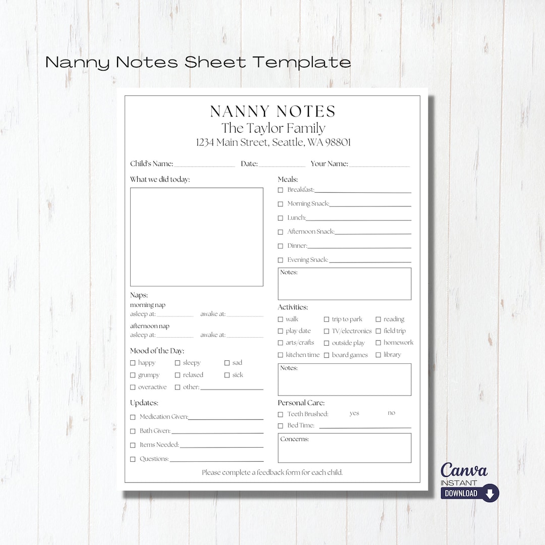 Editable Nanny Notes Printable, Babysitter Report Template (digital ...