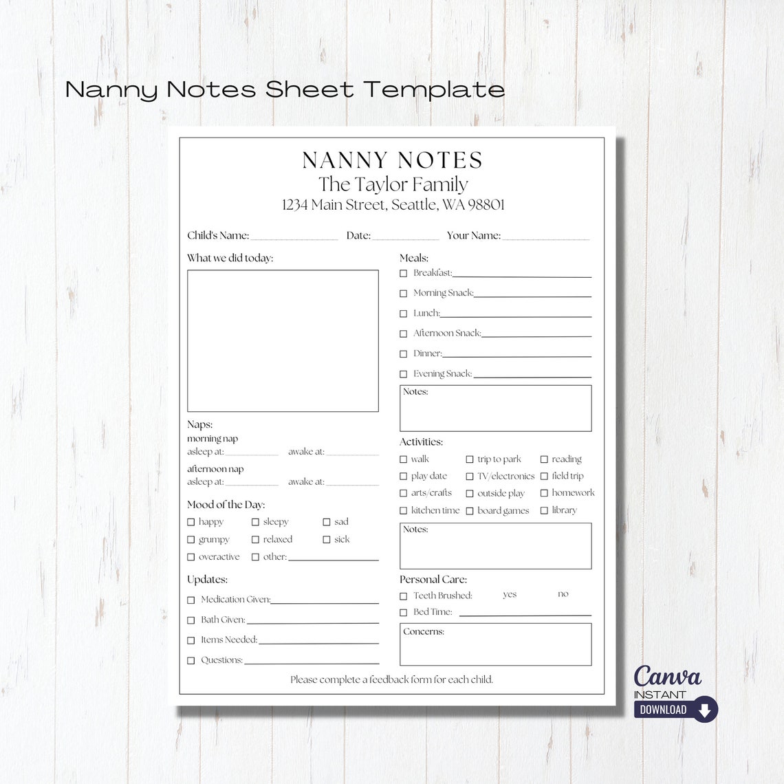 Editable Nanny Notes Printable, Babysitter Report Template (digital ...