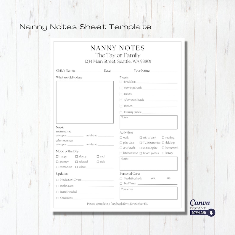 Editable Nanny Notes Printable, Babysitter Report Template (digital ...