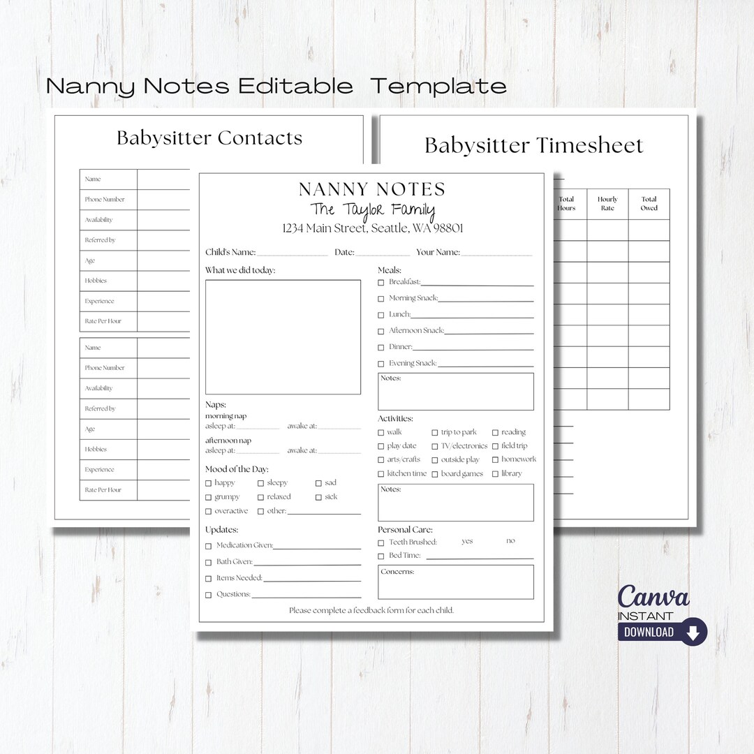 Nanny Notes Printable, Editable Babysitter Notes Form, Nanny Log ...
