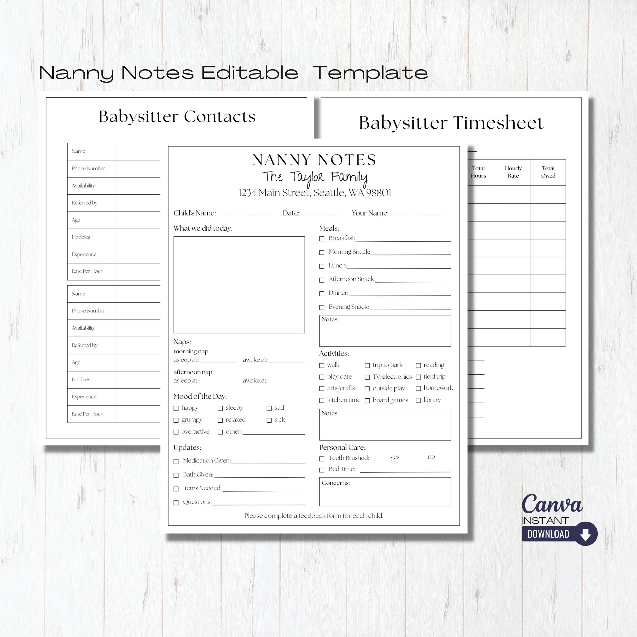 Nanny Notes Printable, Editable Babysitter Notes Form, Nanny Log ...