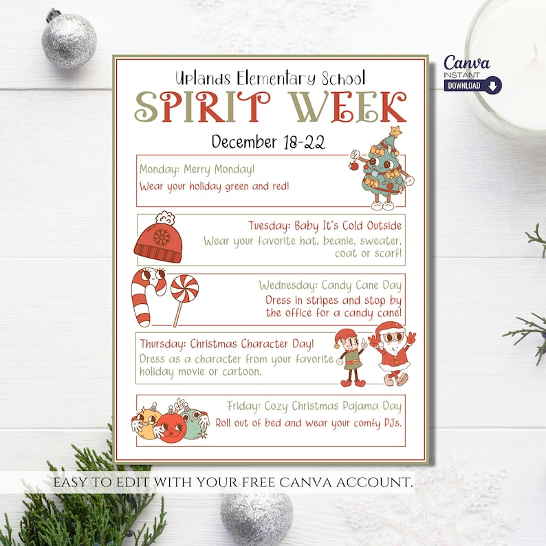 Editable Christmas School Spirit Week Flyer Template, Printable Holiday ...