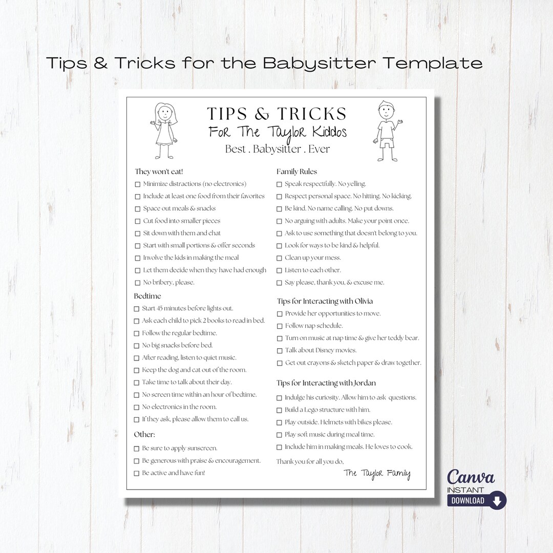 Editable Babysitter Information Sheet, Babysitter Guide, Editable ...