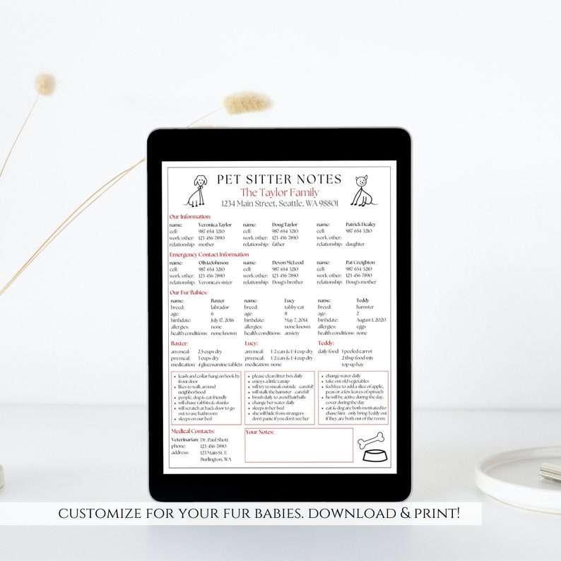 Editable Pet Sitter Notes Sheet, Printable Pet Sitter Plan, Pet ...