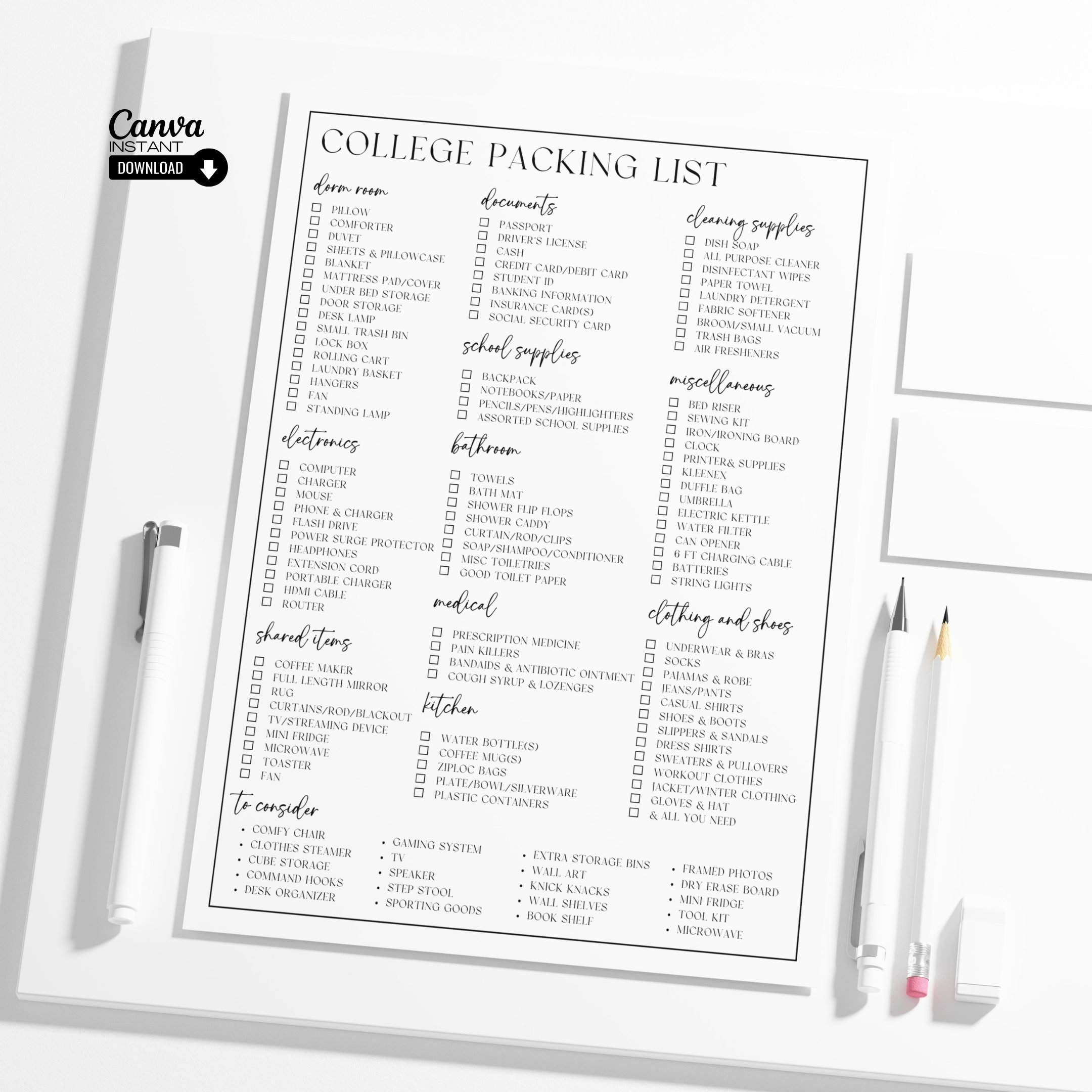Editable College Packing List: Printable Dorm Essentials Checklist ...