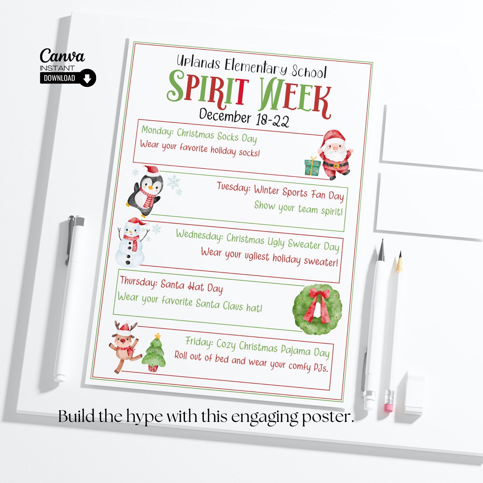 Christmas School Spirit Week Flyer: Editable Holiday Schedule (digital ...