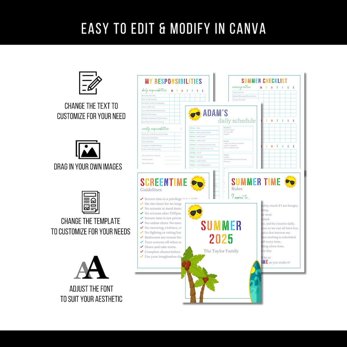 Editable Summer Daily Checklist for Kids, Printable Kids Routine Chart ...