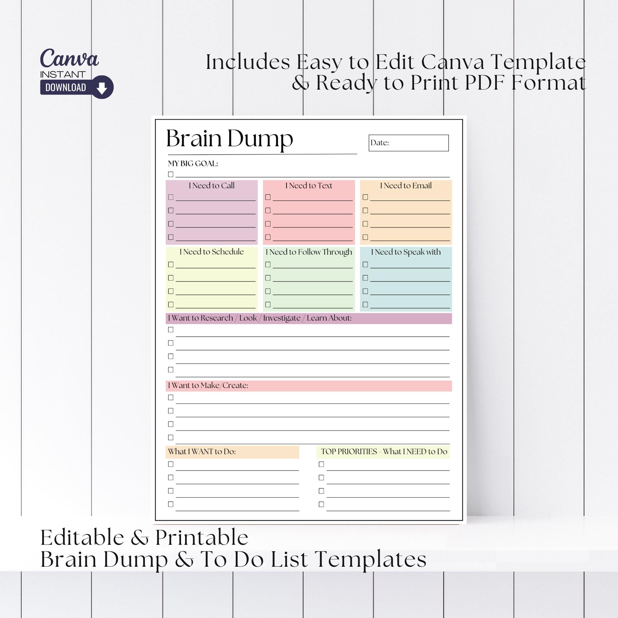 ADHD Brain Dump Printable: Editable To-do List Template (canva & PDF ...