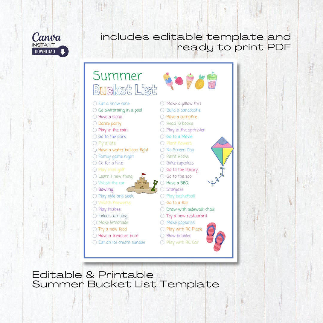 Editable Summer Bucket List, Printable Summer to Do List, Summer ...