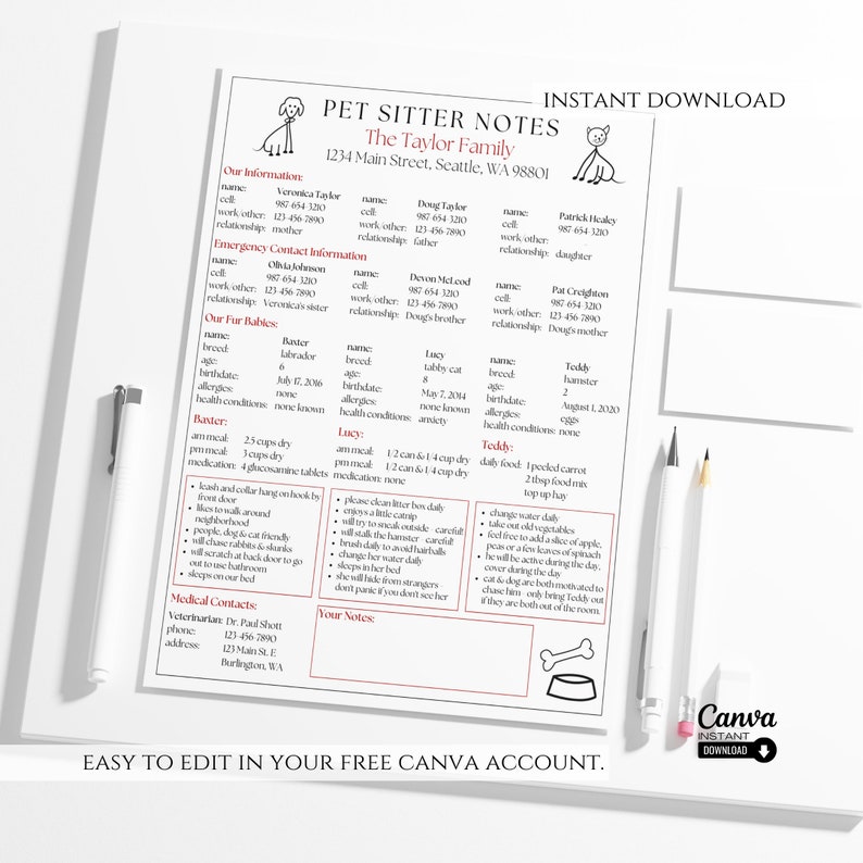 Editable Pet Sitter Notes Sheet, Printable Pet Sitter Plan, Pet ...