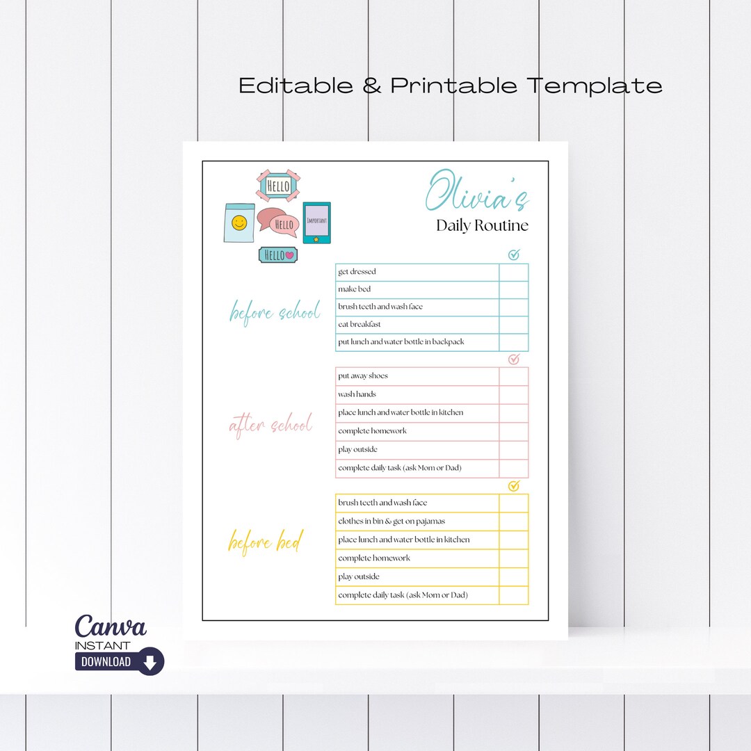 Editable Daily Routine Checklist for Kids, Printable Before and After ...