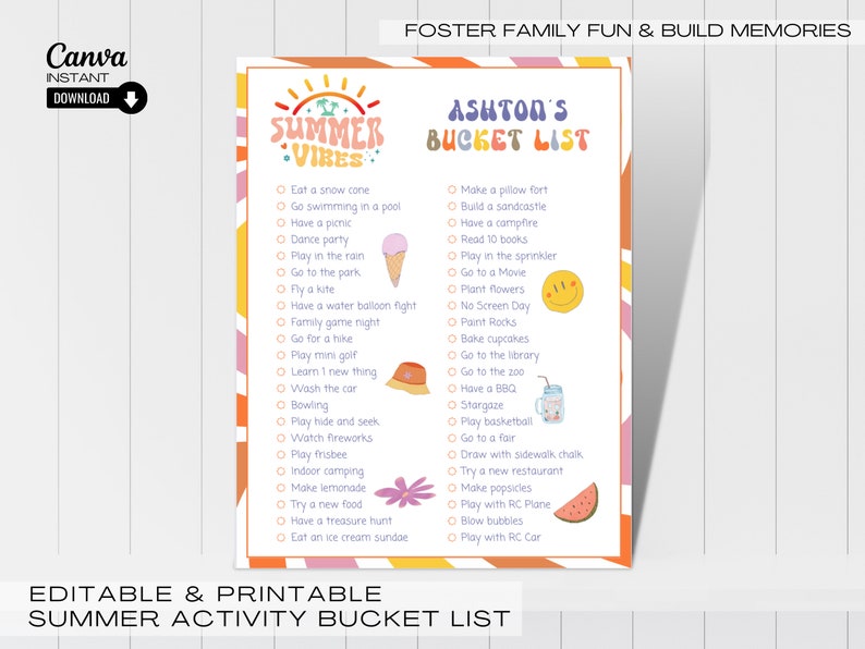 Editable Summer Bucket List Printable Summer to Do List - Etsy