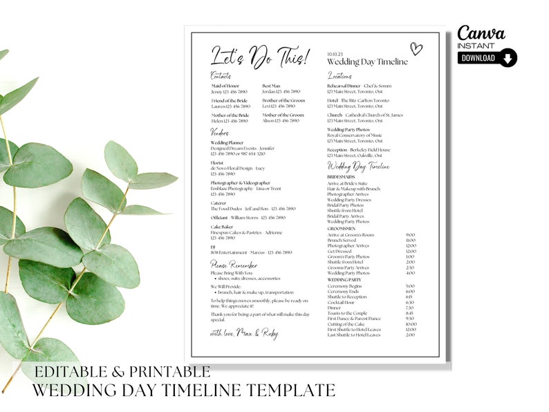 Editable Wedding Day Timeline Template Printable Wedding - Etsy Canada