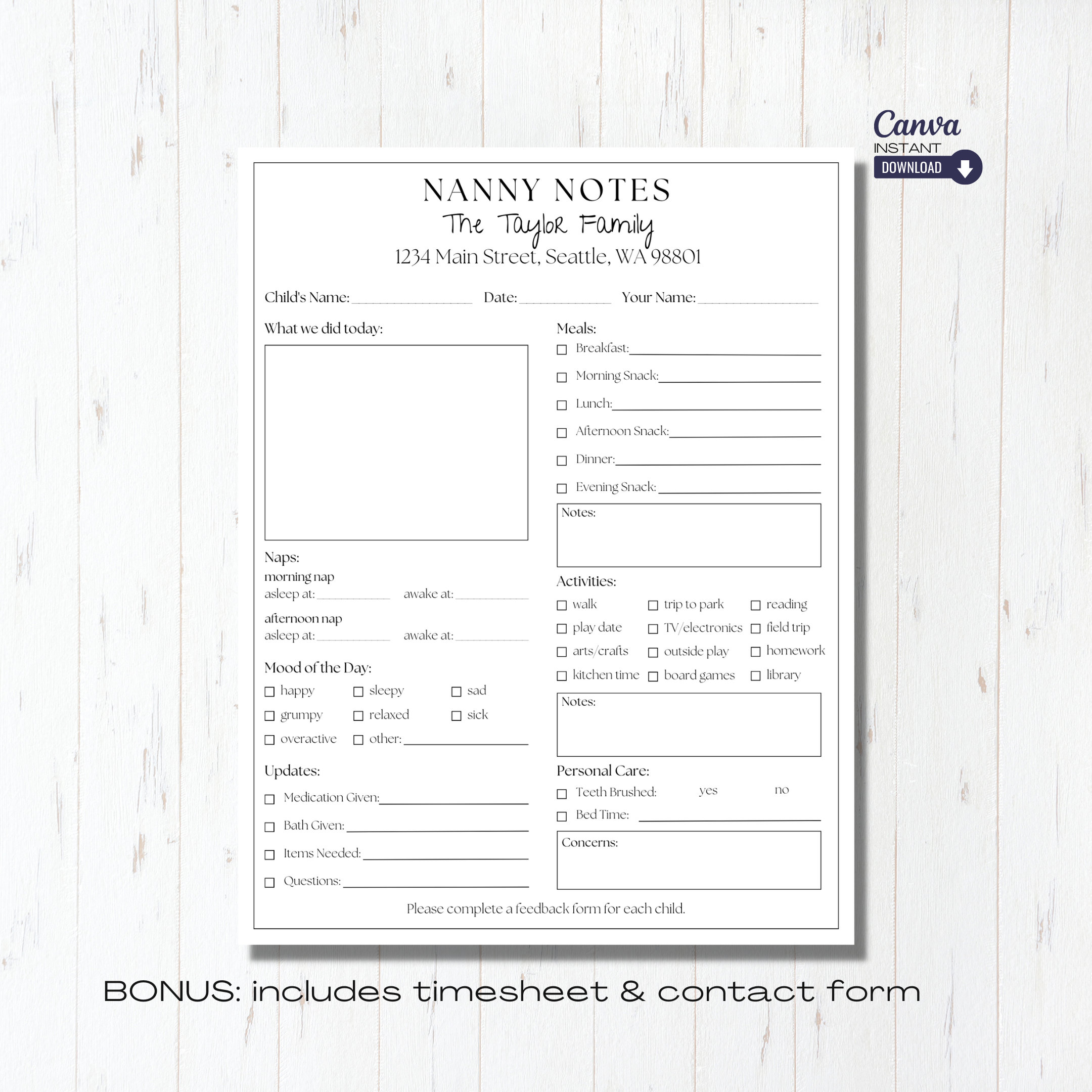 Nanny Notes, Editable Babysitter Notes, Printable Nanny Log, Babysitter ...