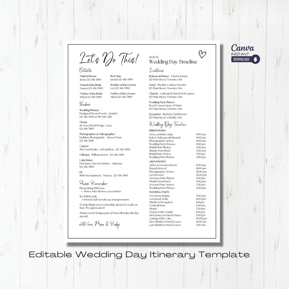 Editable Wedding Day Timeline Template, Printable Wedding Itinerary ...