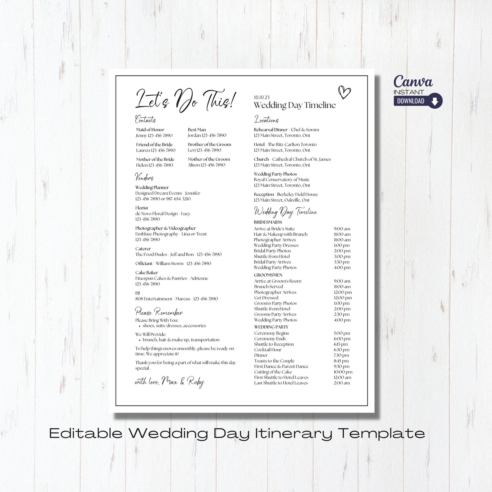 Editable Wedding Day Timeline Template, Printable Wedding Itinerary ...