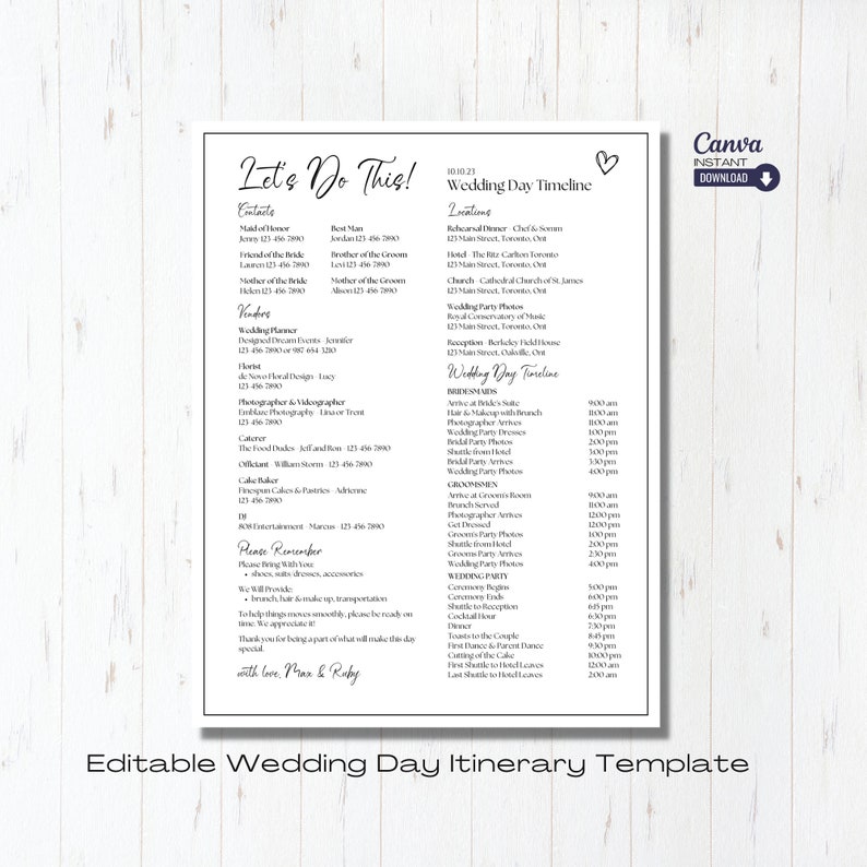 Editable Wedding Day Timeline Template Printable Wedding Itinerary