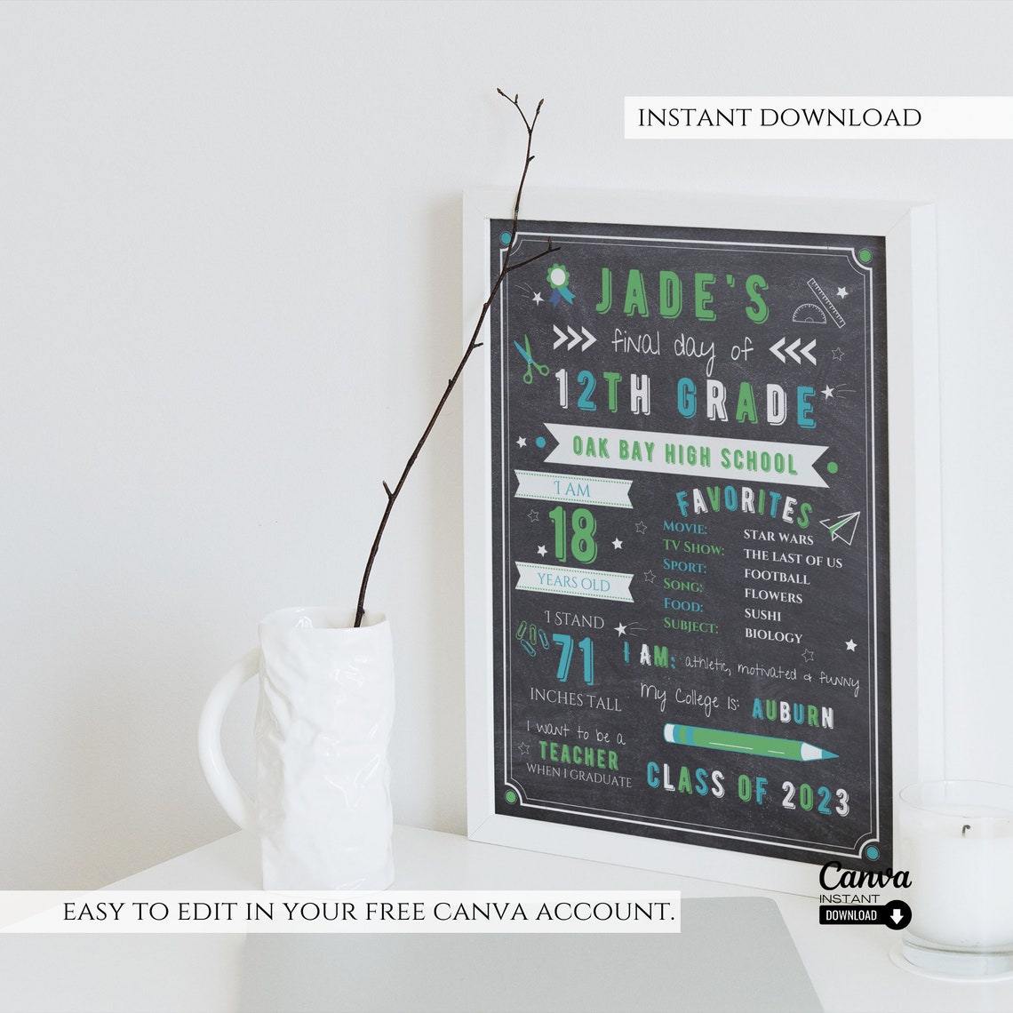 Printable First Day of School Sign, Back to School Chalkboard Sign ...