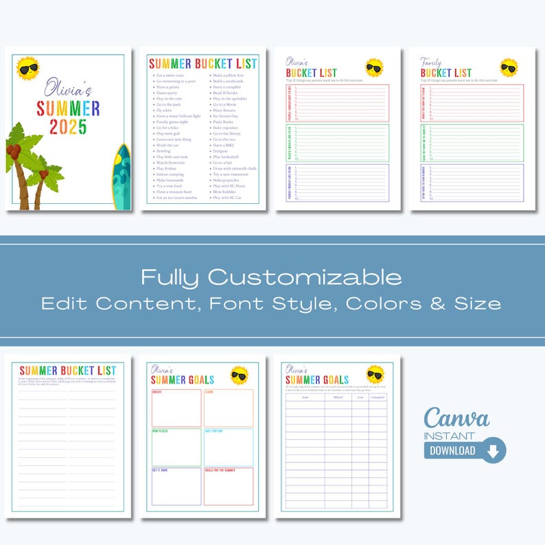 Editable Summer Bucket List Planner Templates, Printable Summer ...