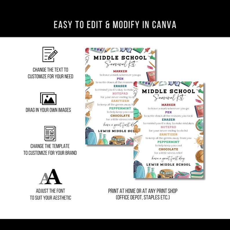 Editable Middle School Survival Kit Template, Printable Student ...