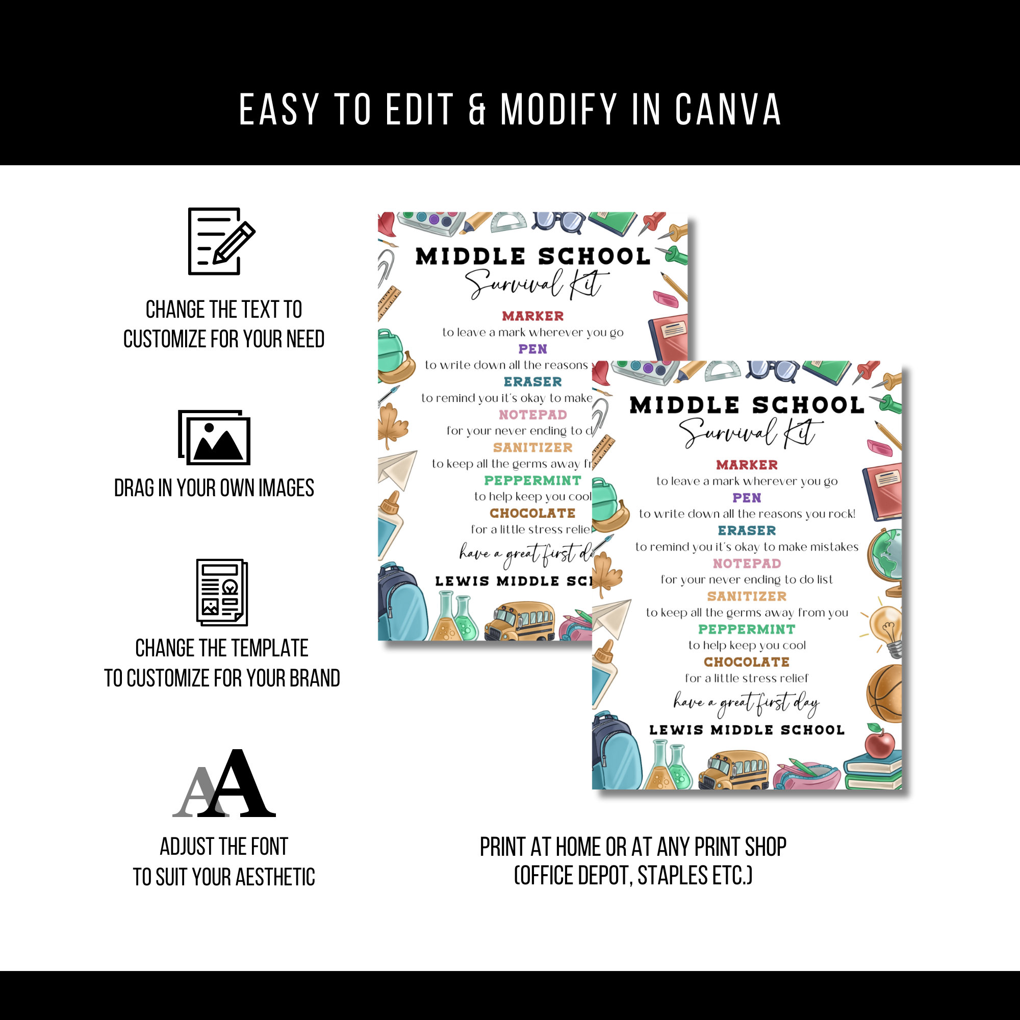 Editable Middle School Survival Kit Template, Printable Student ...