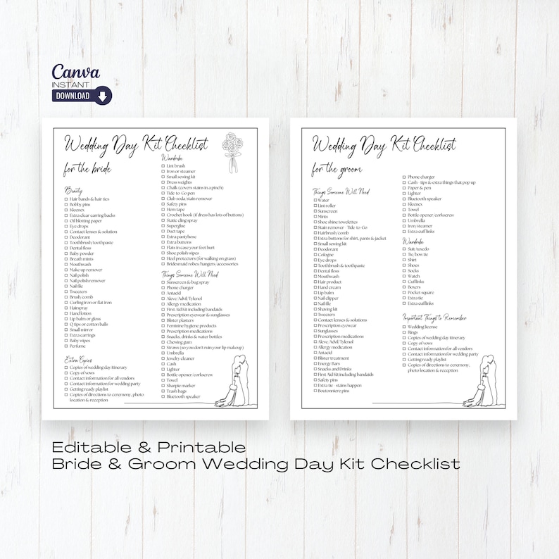 Editable Wedding Day Checklist: Bride & Groom Emergency Kit (instant ...