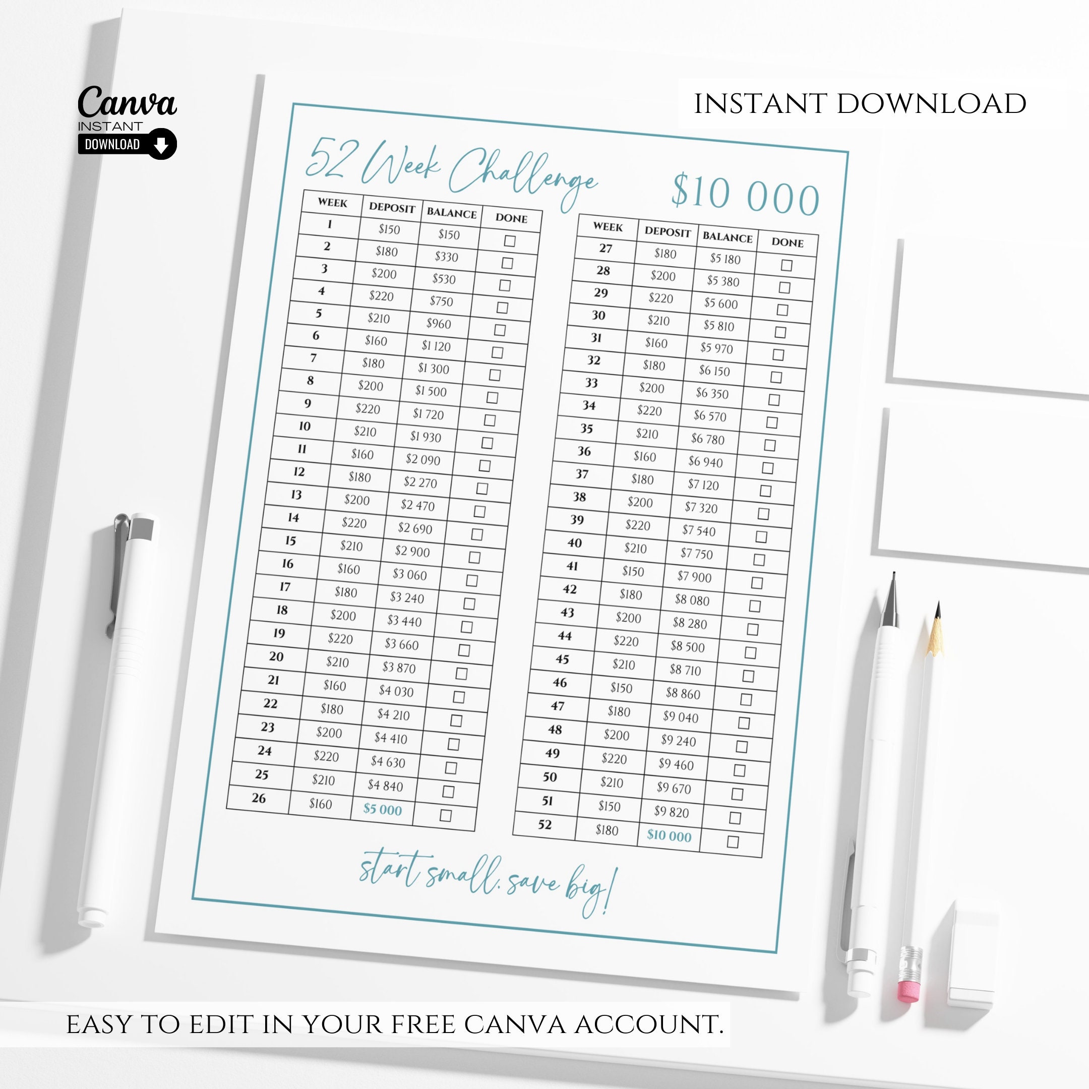 52 Week Savings Challenge Printable: Budget Tracker (digital Download ...