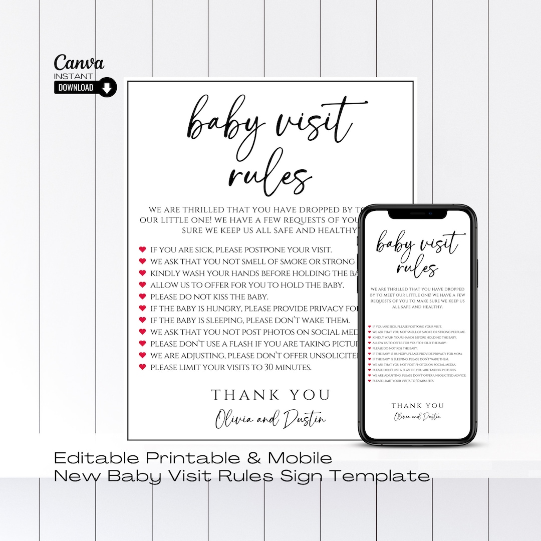 Editable New Baby Visit Sign Template, Printable New Born Visiting Rules List, No Kissing, No ...