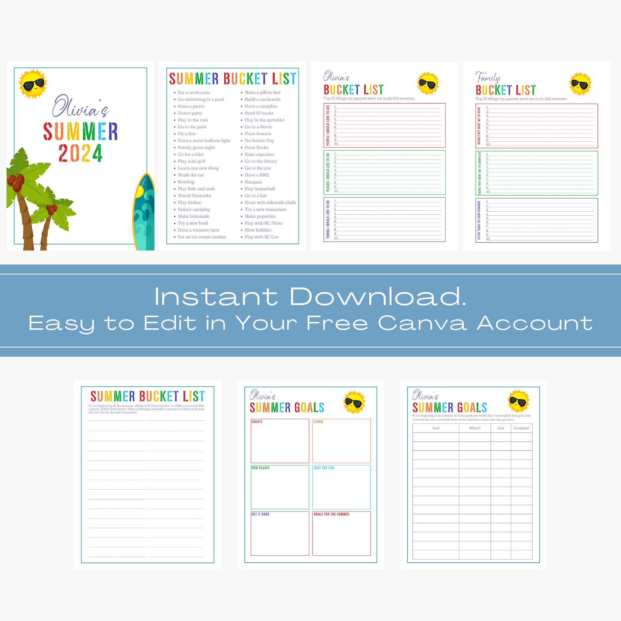 Editable Summer Bucket List Planner Templates, Printable Summer ...