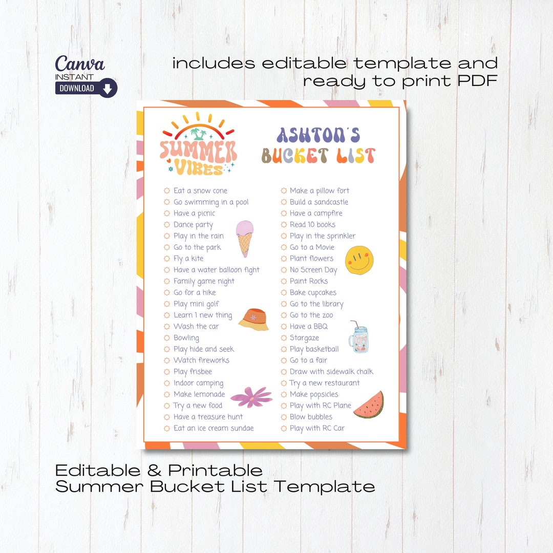 Editable Summer Bucket List, Printable Summer to Do List, Summer ...