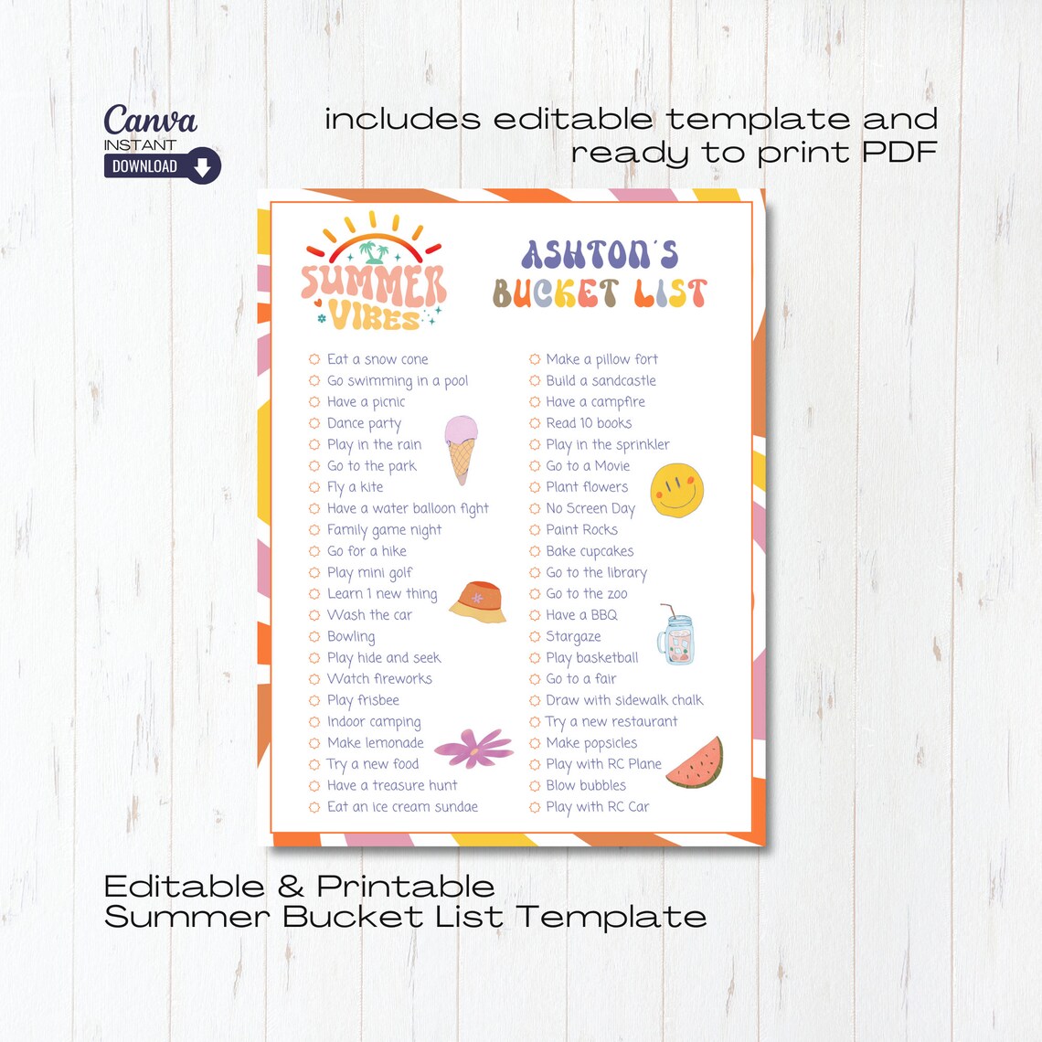 Editable Summer Bucket List, Printable Summer to Do List, Summer ...
