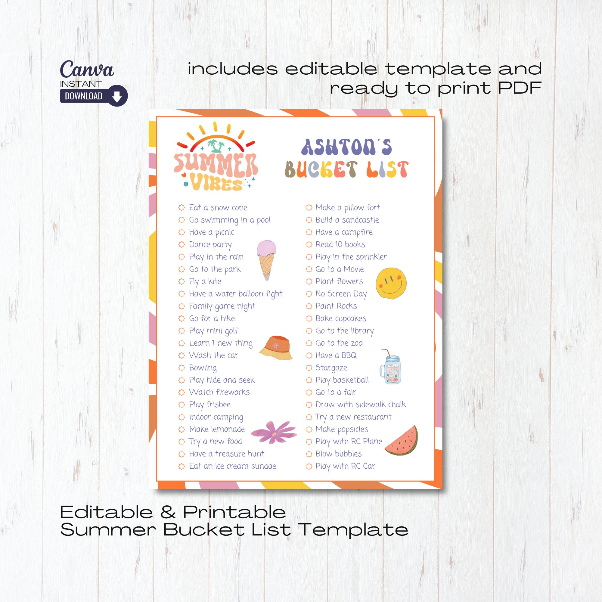 Editable Summer Bucket List, Printable Summer to Do List, Summer ...