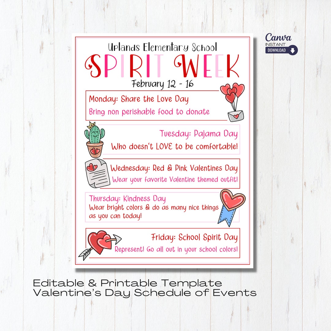 Editable Valentines School Spirit Week Flyer Template, Printable ...