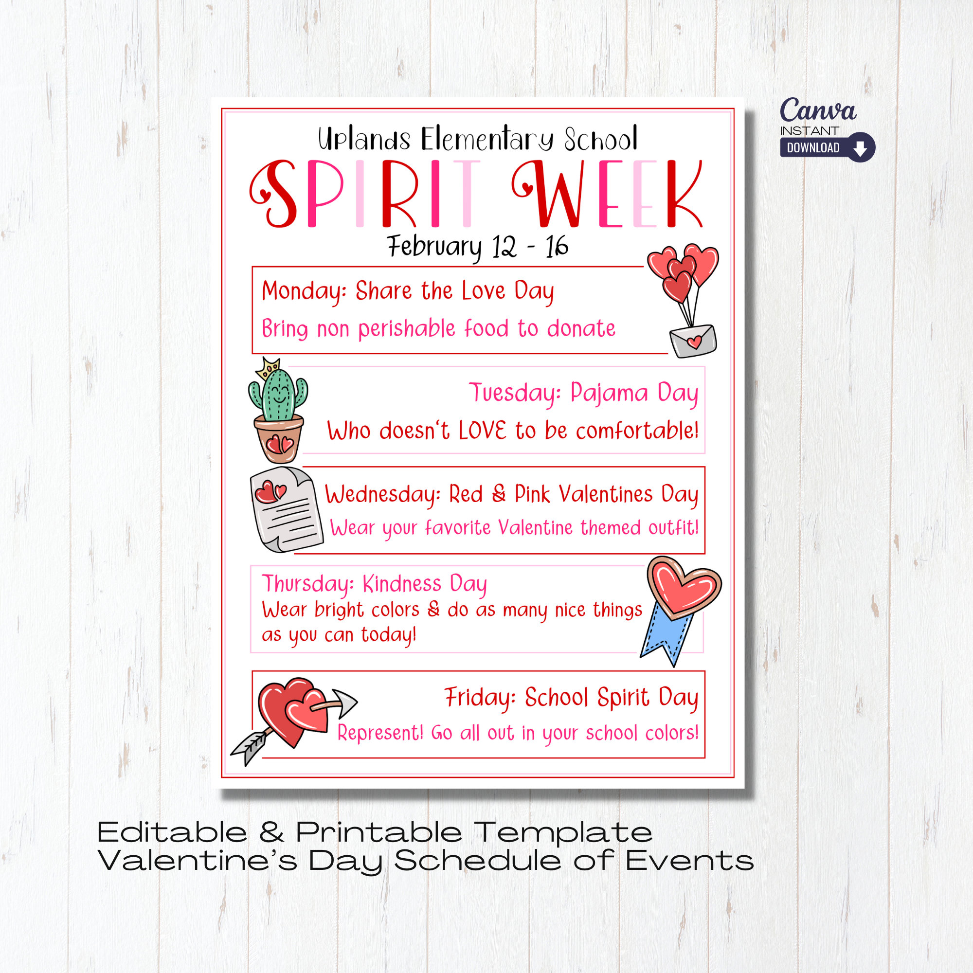 Editable Valentines School Spirit Week Flyer Template, Printable ...