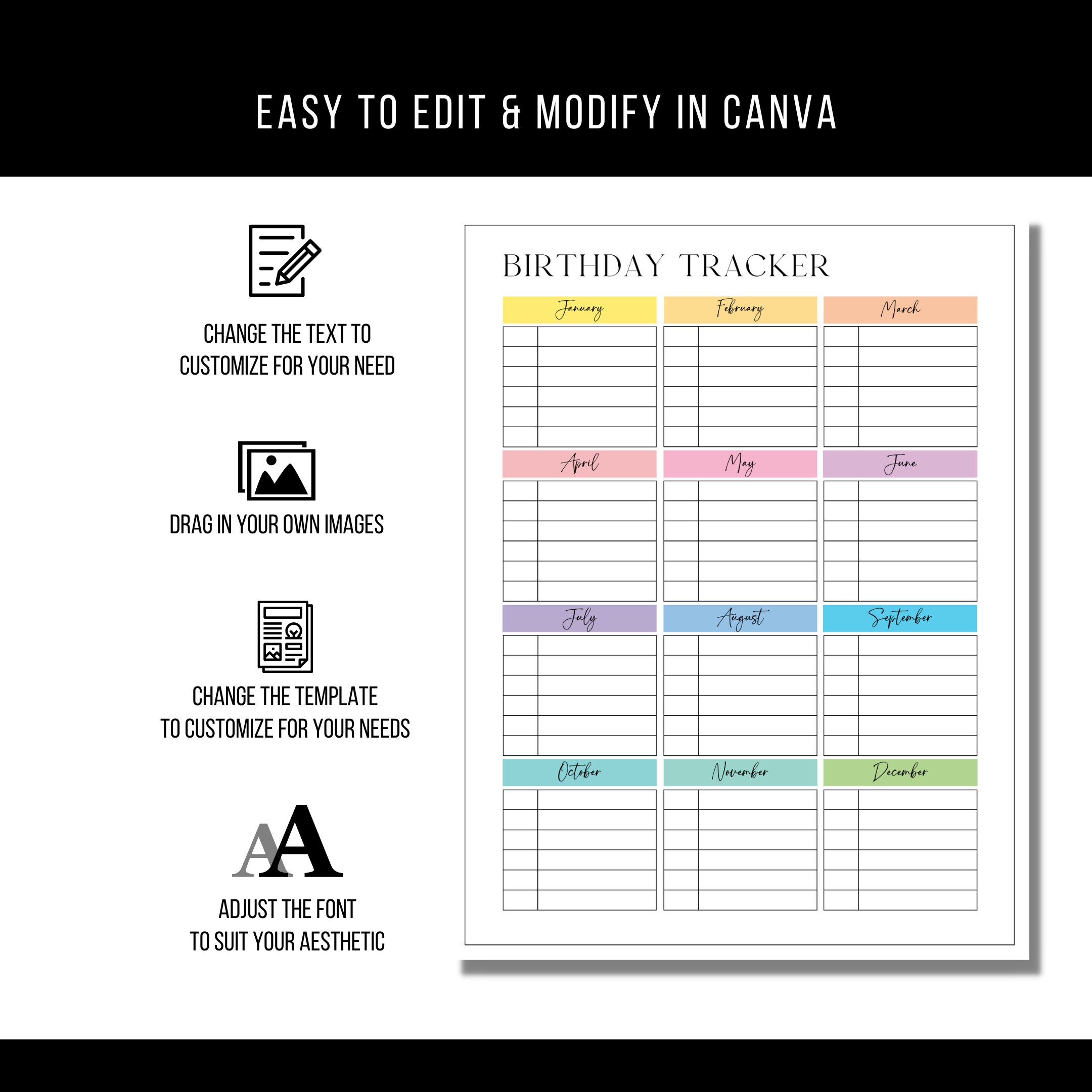 Editable Birthday Tracker Template: Printable Reminder Sheet (digital ...