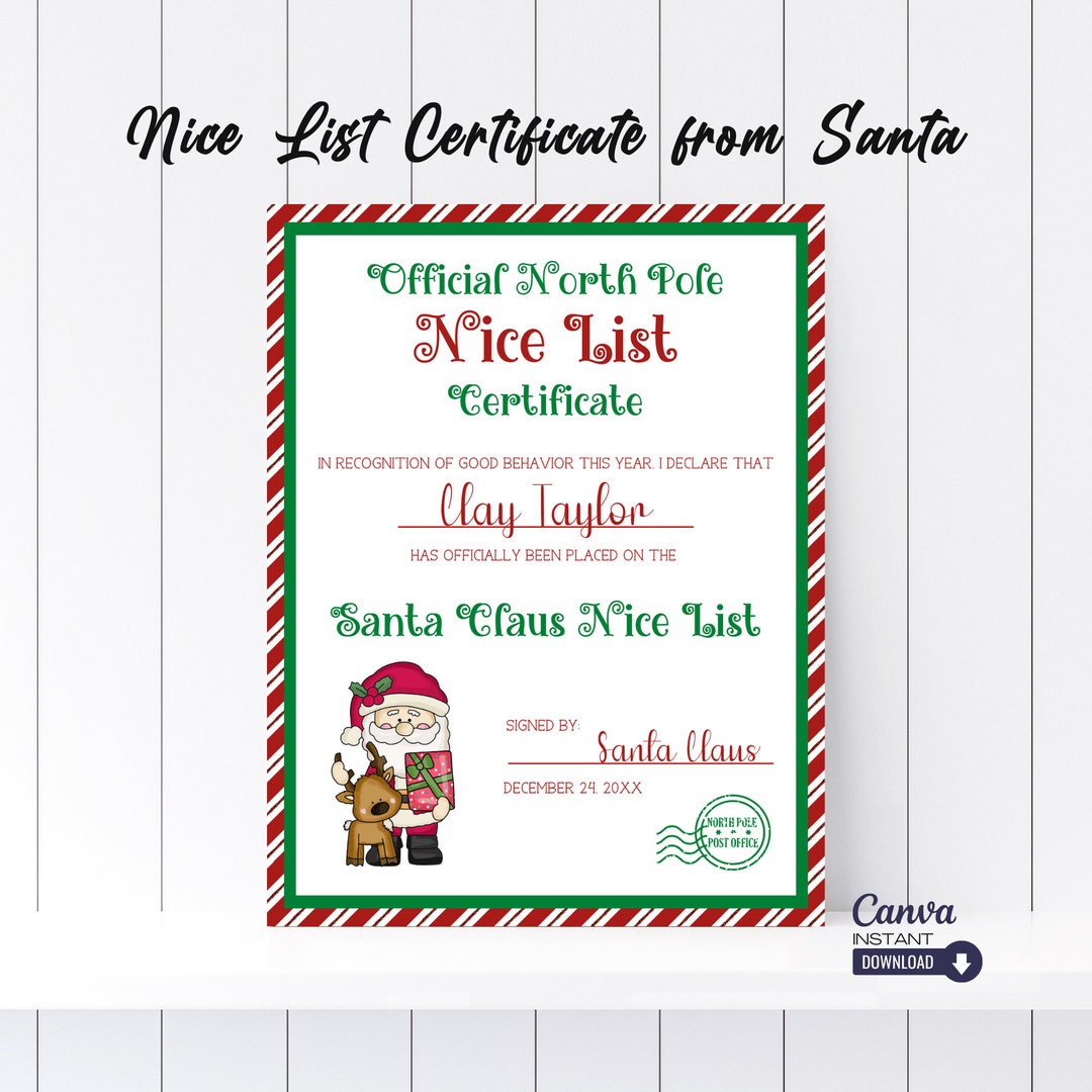 Editable Santa Certificate, Santa Nice List Certificate, Printable ...