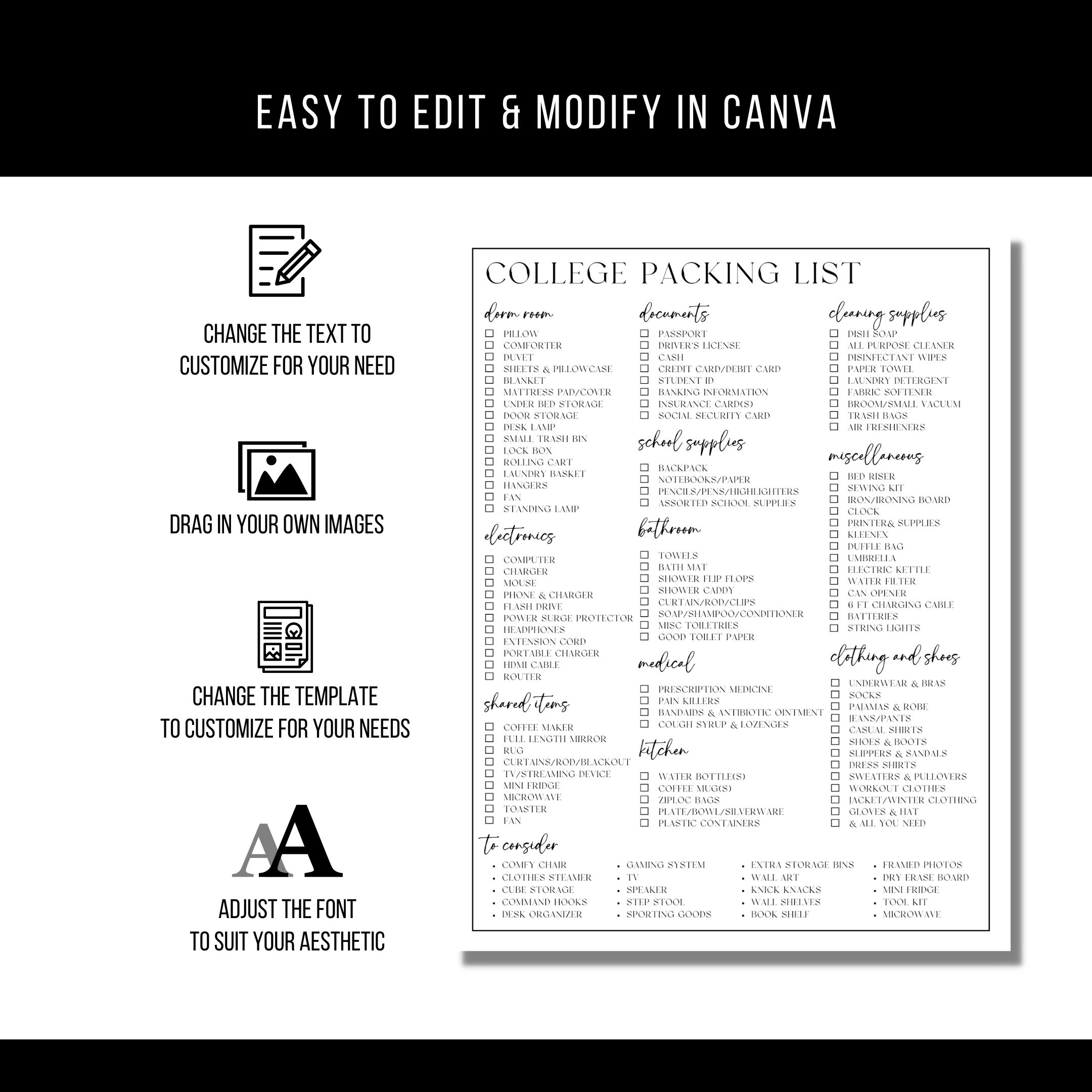 Editable College Packing List Template, Back to School Moving List ...