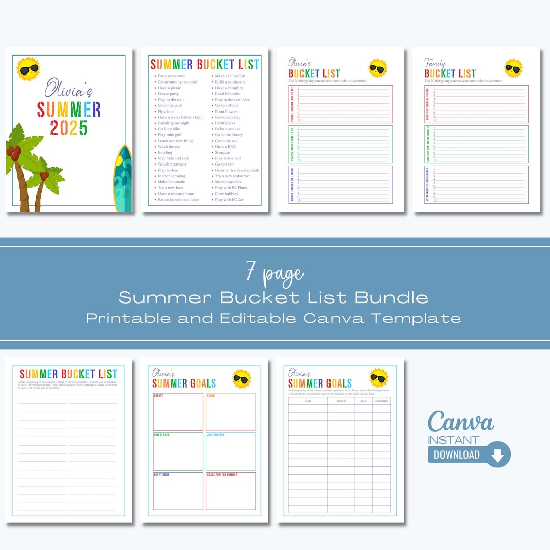 Editable Summer Bucket List Planner Templates, Printable Summer ...