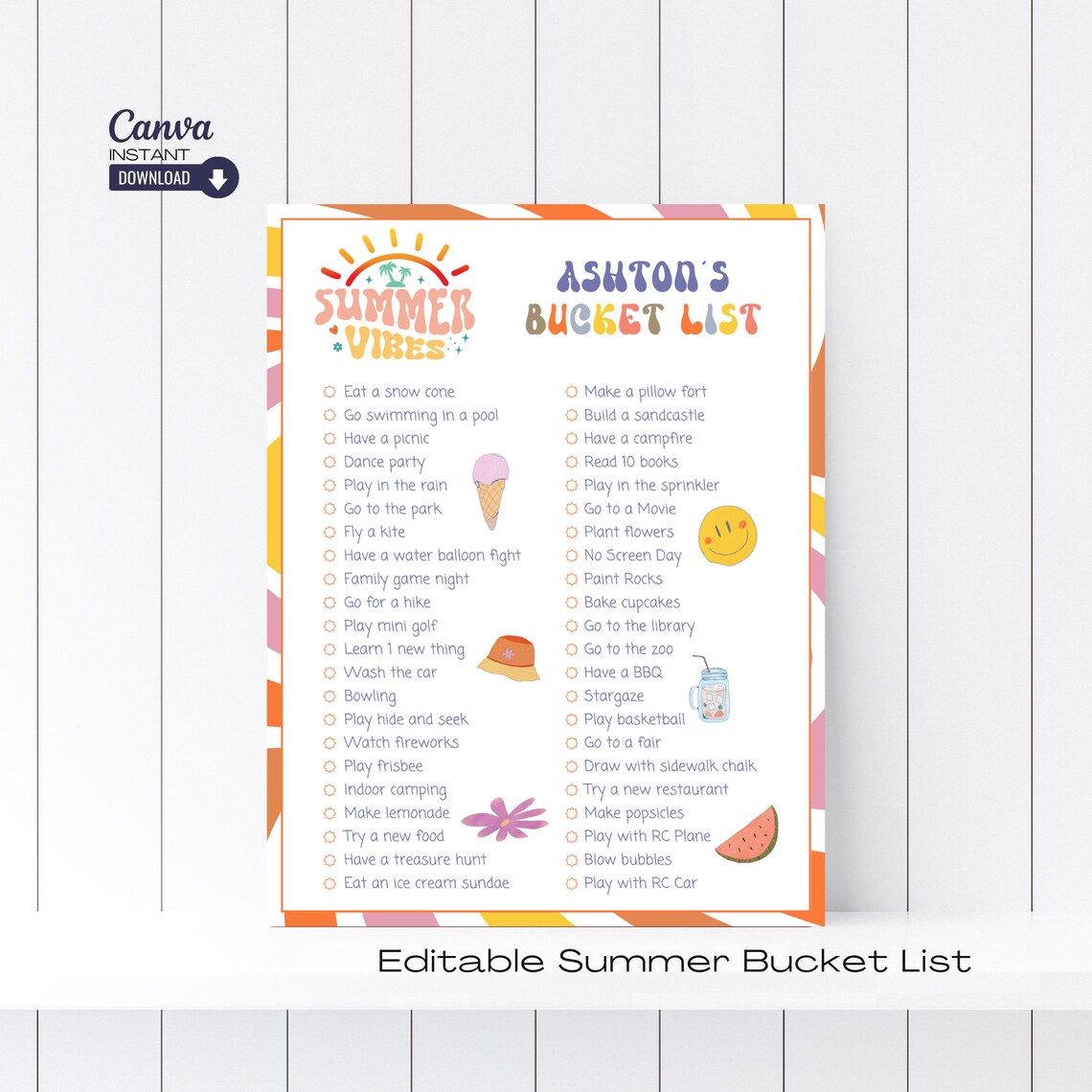 Editable Summer Bucket List, Printable Summer to Do List, Summer ...