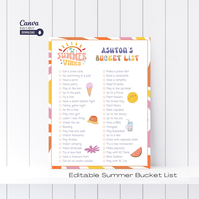Editable Summer Bucket List, Printable Summer to Do List, Summer ...