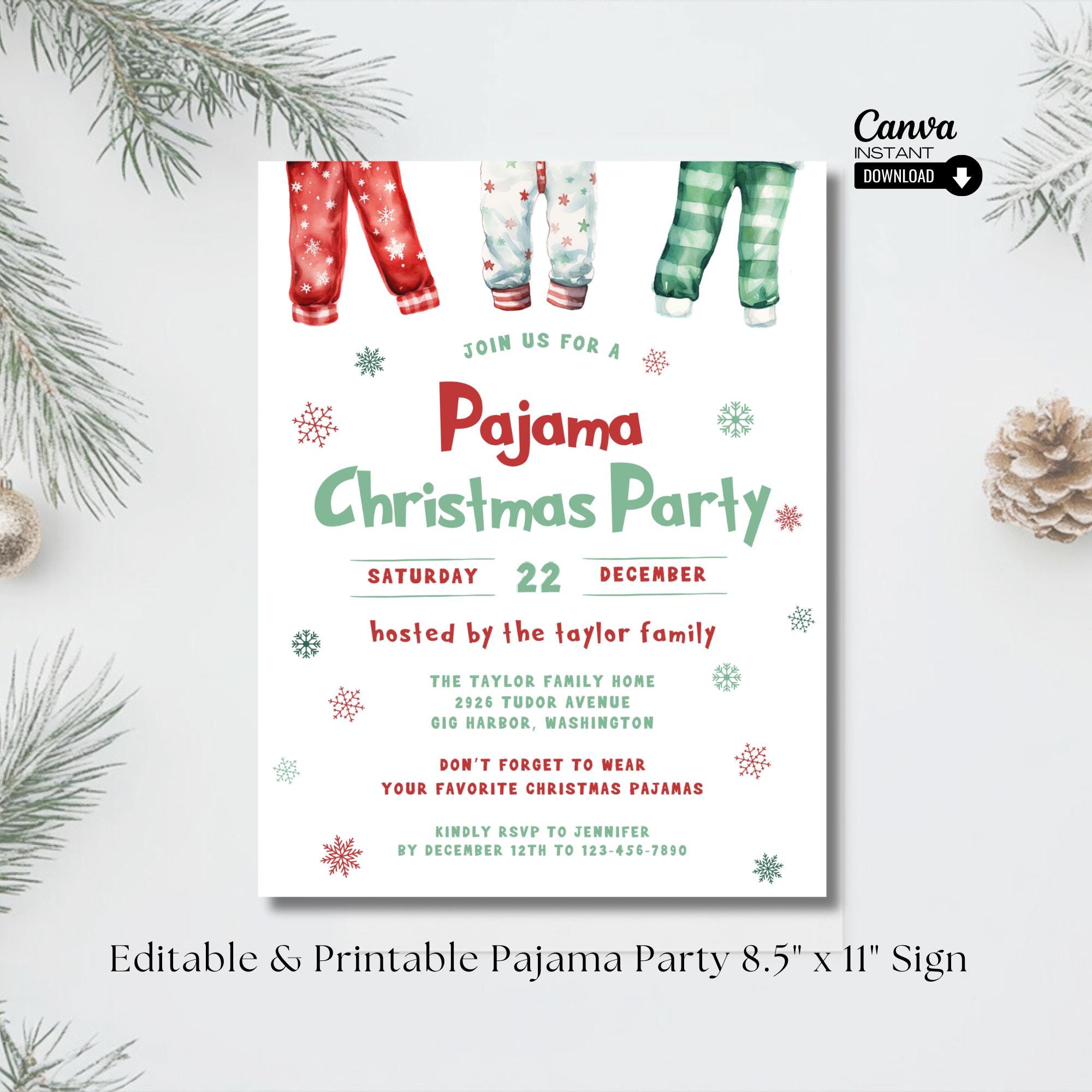 Editable Pajama Party Sign Template, Printable Holiday Party Flyer ...