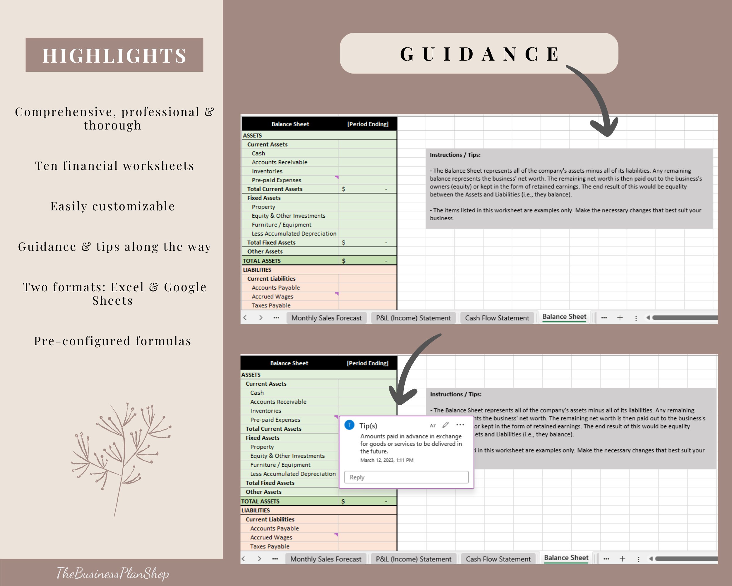Business Plan Financial Worksheets Startup Projections MS Excel Google ...