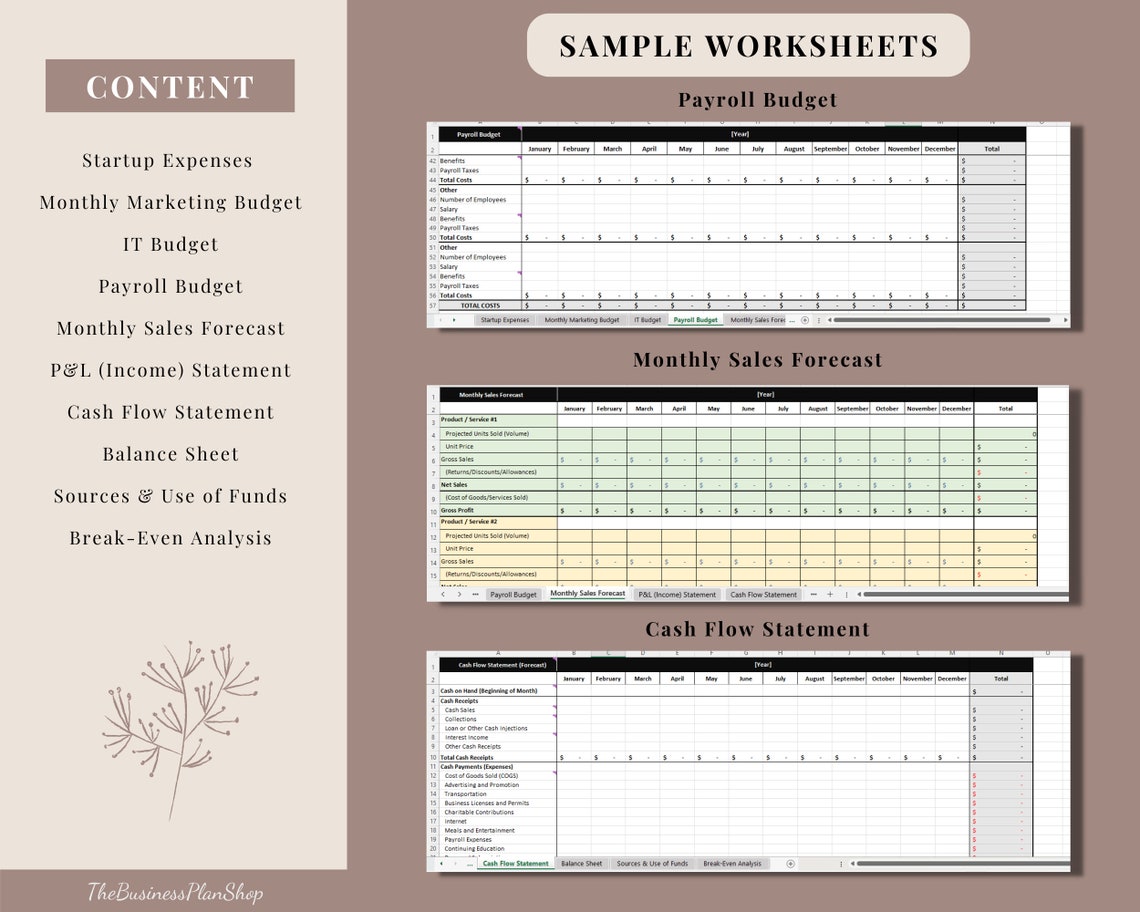 Business Plan Financial Worksheets Startup Projections MS Excel Google ...