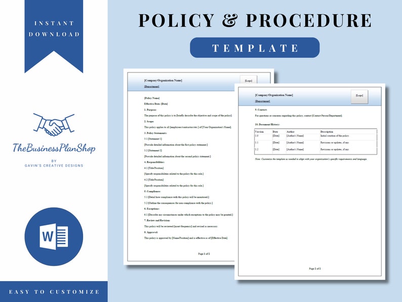 Policy & Procedure Template and Guide Editable in MS Word Instant ...