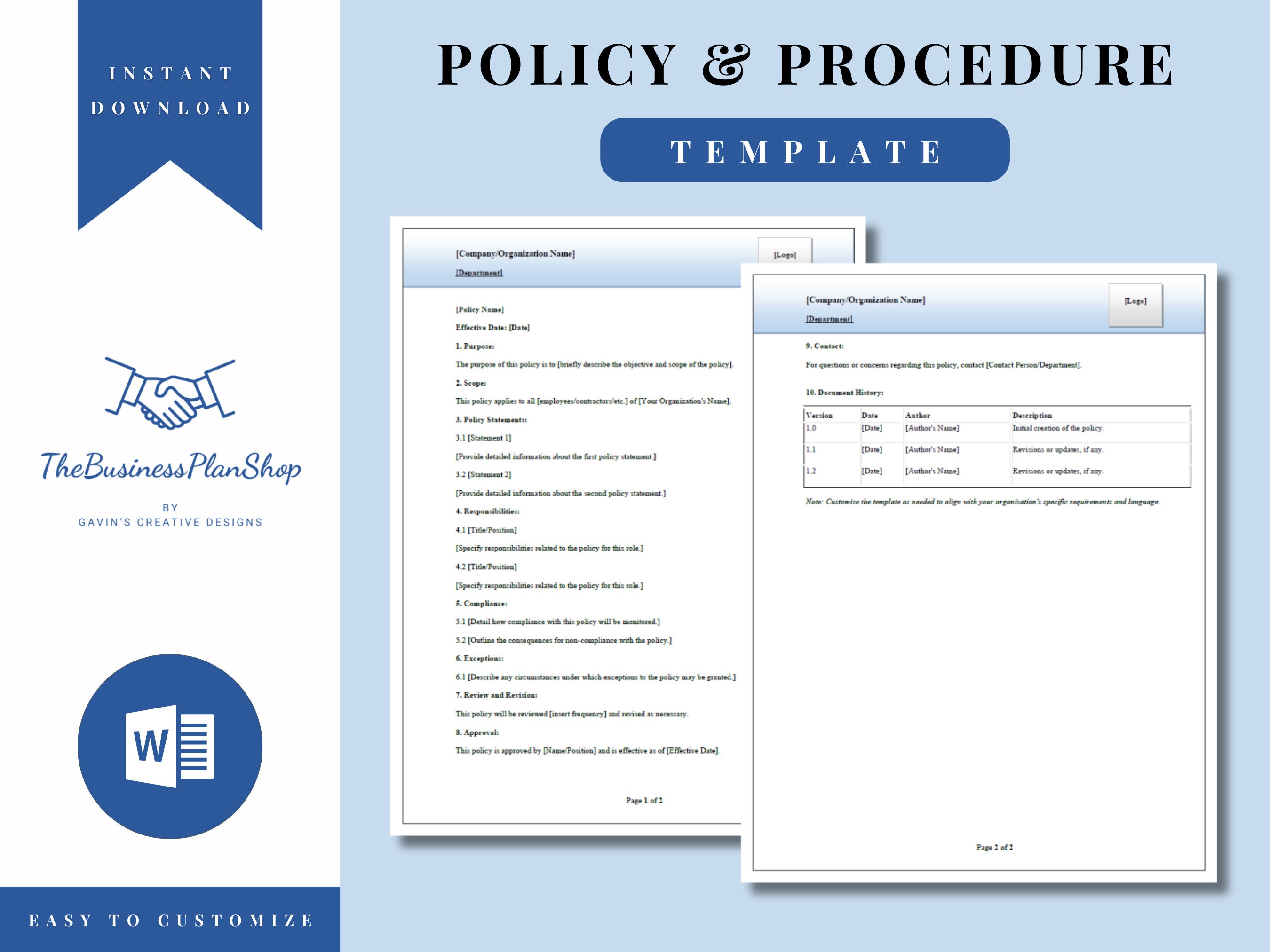 Policy & Procedure Template and Guide Editable in MS Word Instant ...