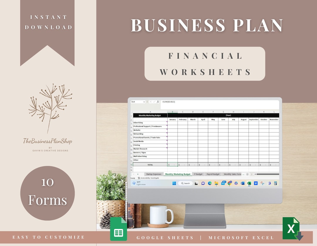 Business Plan Financial Worksheets Startup Projections MS Excel Google ...