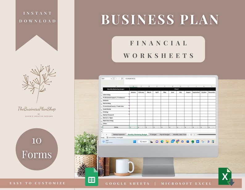 Business Plan Financial Worksheets Startup Projections MS Excel Google ...