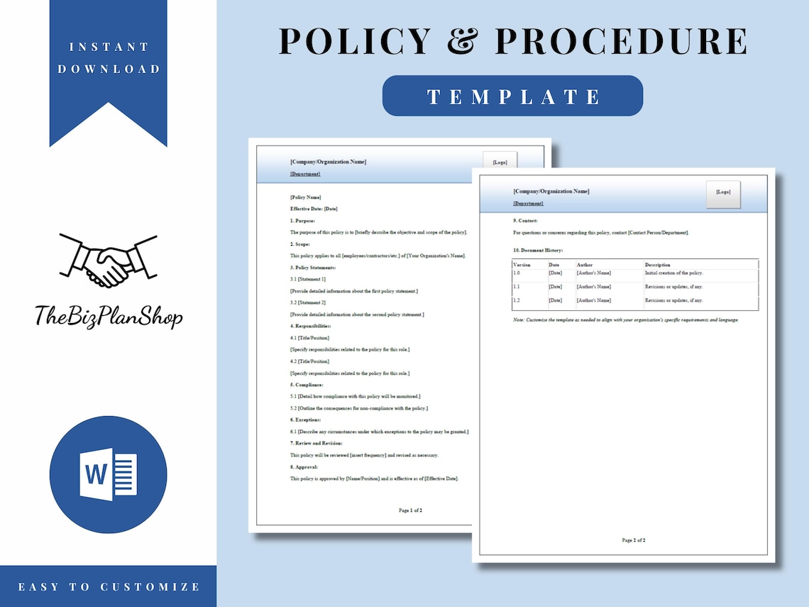 Policy & Procedure Template and Guide Editable in MS Word Instant ...