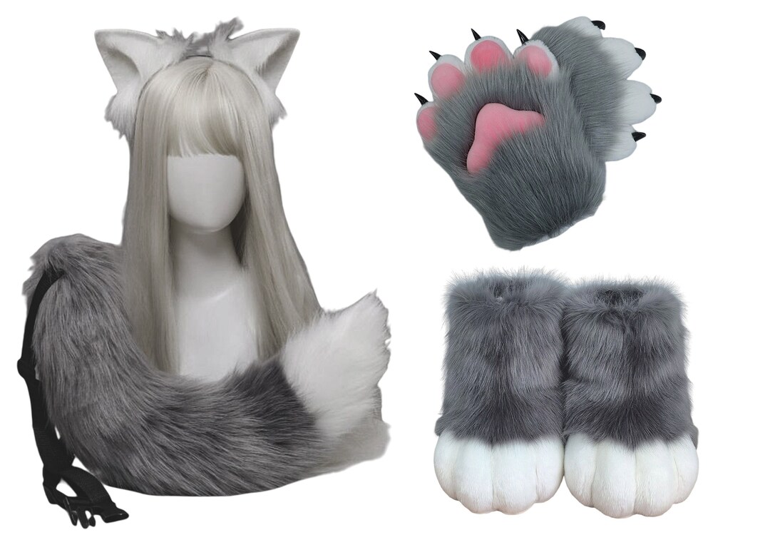 Grey Cosplay Cat Furry Fursuit Set Include Handpaws, Feet, Ears and ...