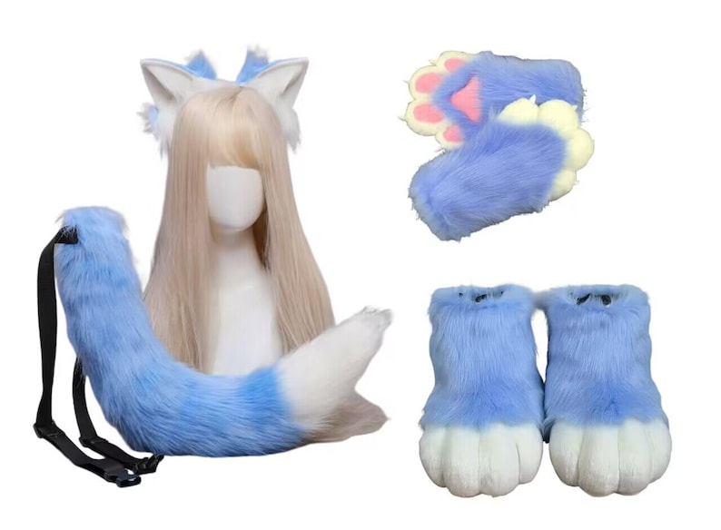 Himmel Blau Cosplay Fox Furry Fursuit Full-Set gehören Handpfoten, Schuhe, Ohren und Schwanz ...